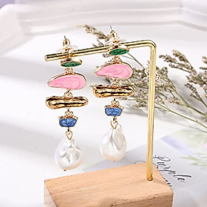 Pearl Dangle Earring for Women Girl, Irregular Colorful Oil Baroque Design, Culture Style AAAA Cubic Zirconia 14K Gold Pearl Earring Gift for Women Girl (Pearl-glazed)