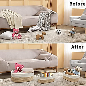 Set of 3 Small Cotton Rope Storage Baskets,Baby Nursery Organizer for Books,Magazines,Toys Storage Bin,White Woven Basket with Handles