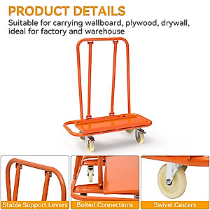 YINTATECH 3000lbs Drywall Cart Dolly, Heavy Duty Drywall Sheet Cart with 4 Swivel Wheels, Orange