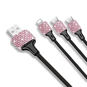 Hidoer Bling Bling Charging Cable Crystal Decoration Charger Cord 4ft Nylon Type C/Micro USB 3-in-1 Multi Charging Cable for Android and More, Cell Phone Accessories for Women,Girls (Pink)