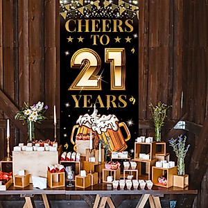 21st Birthday Decorations for Him Her, Cheers to 21 Years Birthday Door Banner, Black Gold 21st Birthday Yard Sign, 21 Birthday Party Backdrop Photo Props Poster for Outdoor Indoor, Fabric, Vicycaty
