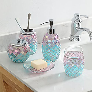 Motifeur Bathroom Accessories Set, 5-Piece Glass Bath Accessory Complete Set with Lotion Dispenser/Soap Pump, Cotton Jar, Soap Dish, Tumbler and Toothbrush Holder (Mermaid)