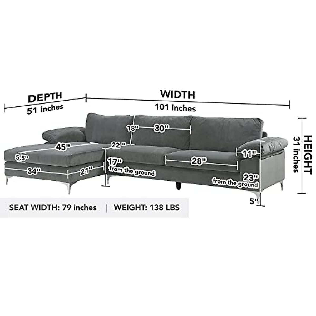 Casa Andrea Milano llc Modern Large Velvet Fabric Sectional Sofa L Shape Couch with Extra Wide Chaise Lounge, Grey