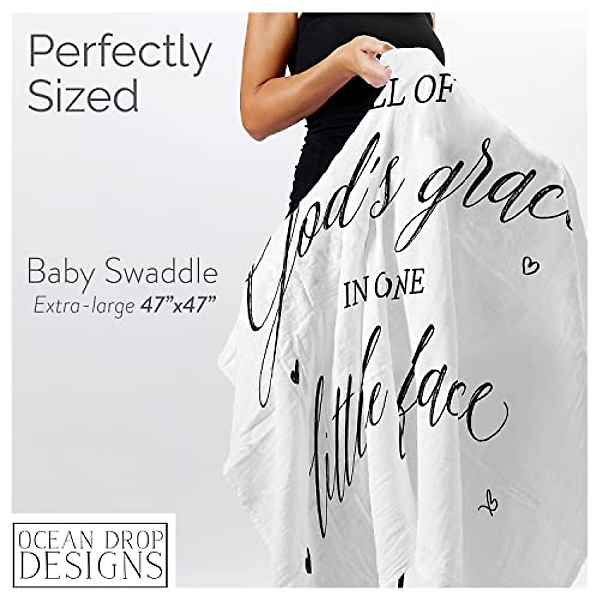 Ocean Drop 100% Cotton Muslin Swaddle Baby Blanket - God’s Grace’ Quote with Gift Box for Baptism, Christening Gift, Godson, Goddaughter, Neutral, Baby Shower – Super Soft, Breathable, Large 47x47”