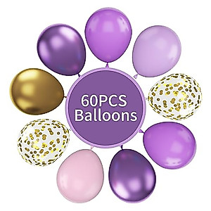 Pink and Purple Balloons, 60Pcs Pastel Purple Pink Balloons, 12 Inch Metallic Purple Gold Confetti Balloons Purple Latex Balloons for Girls Birthday Baby Shower Bridal Butterfly Party Decorations