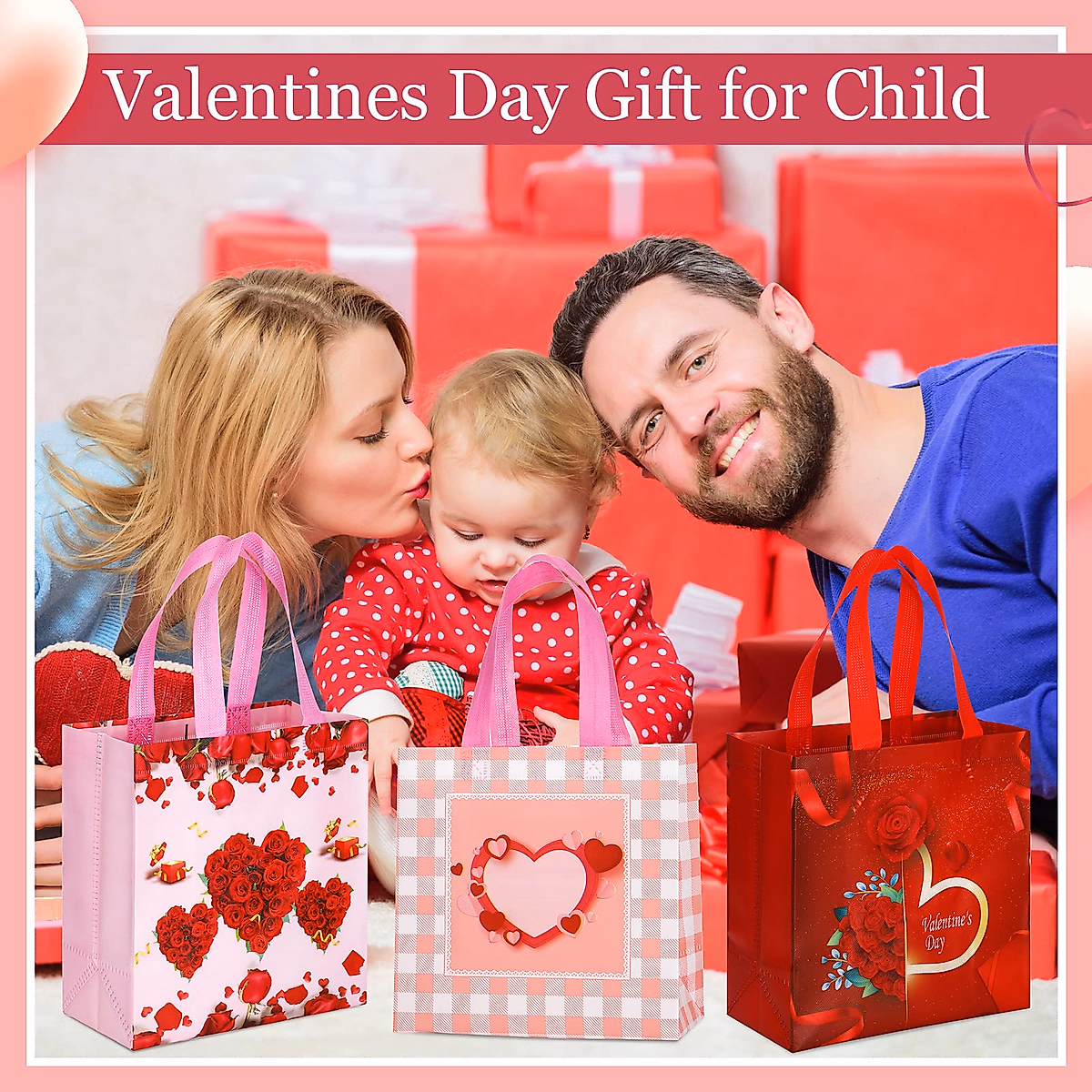 48 Pcs Valentines Day Gift Bags Valentines Day Reusable Treat Bags with Handles Valentines Day Goody Bags Valentines Non Woven Bags Waterproof Tote Bags for Gifts Wrapping Party Favor Supplies
