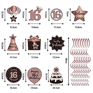 Happy 16th Birthday Hanging Swirls Streams Ceiling Decorations, Celebration 16 Foil Hanging Swirls with Cutouts for 16 Years Old Rose Gold Birthday Party Decorations Supplies
