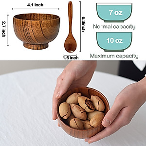 Kanhaom Small Wooden Bowls and Spoons, 10oz. Portion Control Bowls for Snack, Dessert, Japanese Serving Bowls for Rice, Soup, Solid Wood Bowls for Decor (4 Bowls with 4 Spoons - 4.1IN)