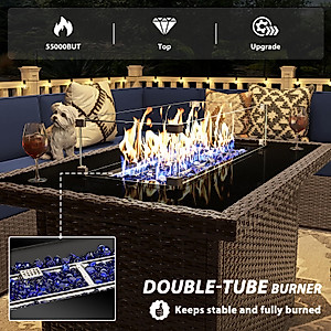 Vakollia 8 Pieces Patio Furniture Set with 44" Propane Gas Fire Pit Table, Outdoor Sectional Brown Rattan Wicker Conversation Sofa Sets with Coffee Table