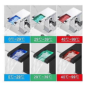 ZCERA Bathroom HydroLED Waterfall Faucet Sink Basin Faucet Countertop Mounted Solid Brass Hydronic Basin Faucet Illuminated Basin Faucet (Color : Black with Chrome)