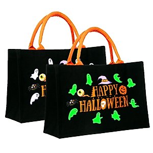 Mhtdet 2PCS Halloween Trick or Treat Bags, Glow in The Dark Halloween Candy Tote Bag with Handle, Halloween Canvas Tote Bag, Reusable Halloween Bags for Trick or Treating, Halloween Party