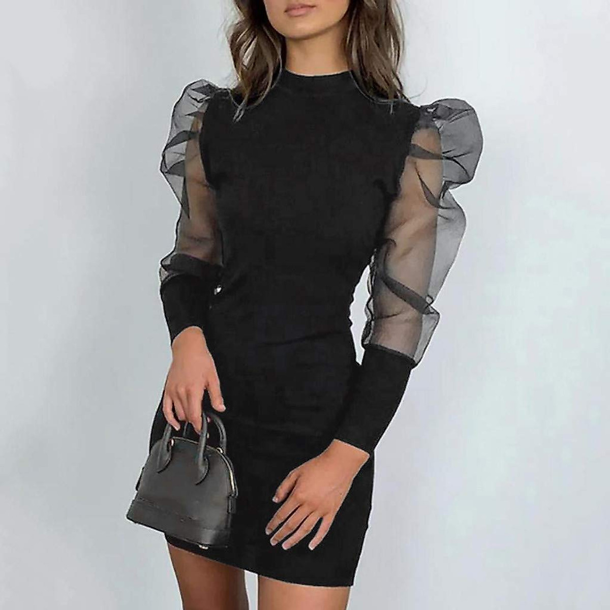 Shakumy Women Puff Mesh Long Sleeve Round Neck Bodycon Pencil Party Mini Dress Casual Elegant Cocktail Club Short Dress