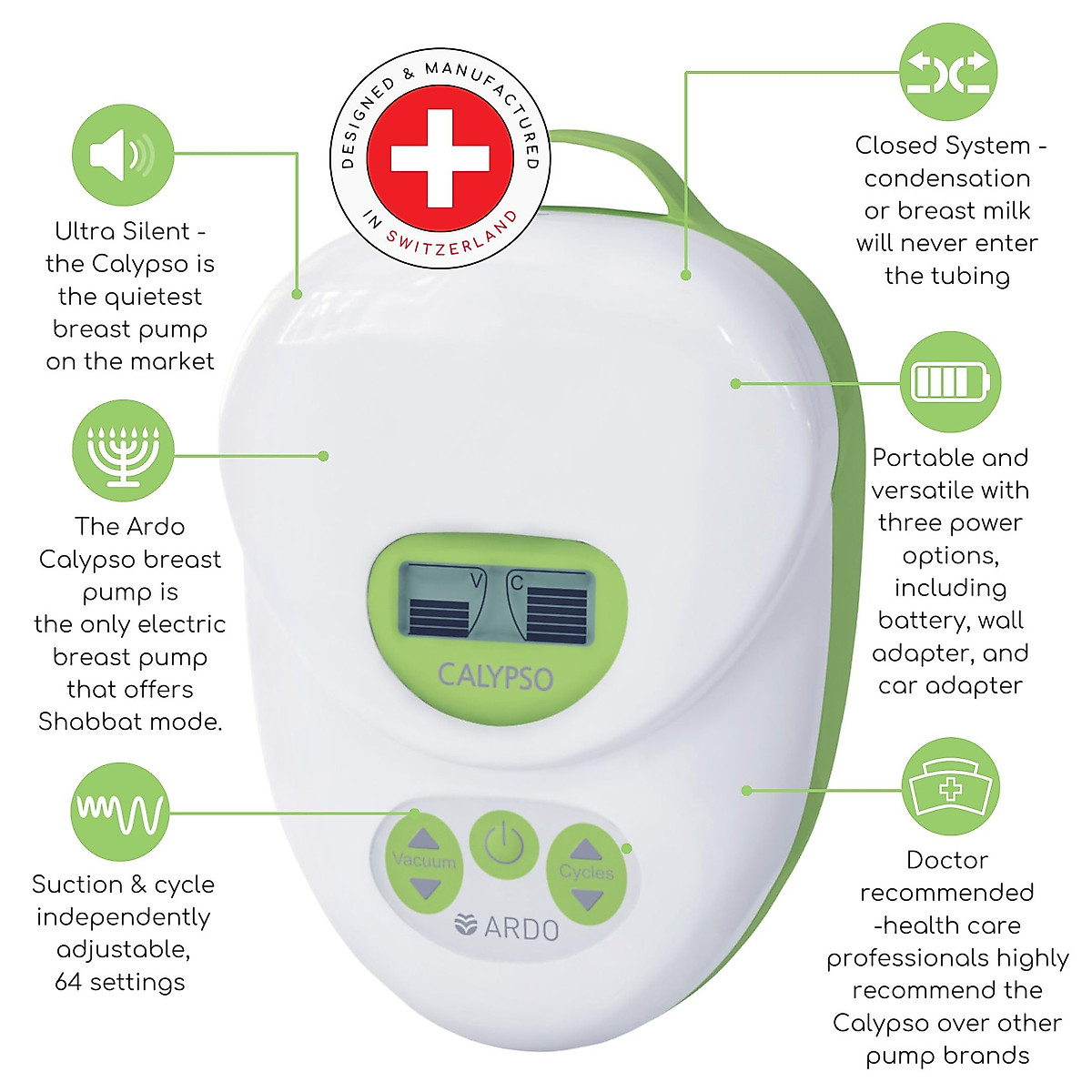 Ardo Calypso Double Plus Electric Breast Pump Set – Quiet, Swiss Made Breast Pump with 64 Settings – Closed System Hospital Grade Breastfeeding Pump with Bottles, Breast Shells & Essentials Included