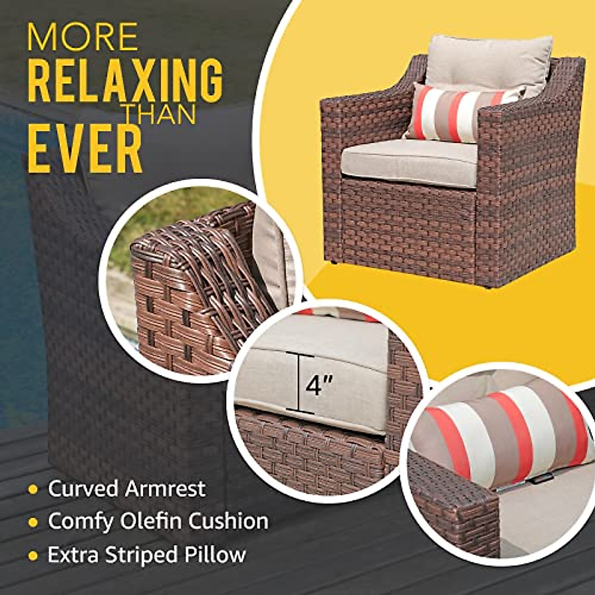 SUNSITT Patio Outdoor Furniture 2-Piece Brown Wicker Single Club Chairs w/Beige Olefin Cushions & Striped Throw Pillow