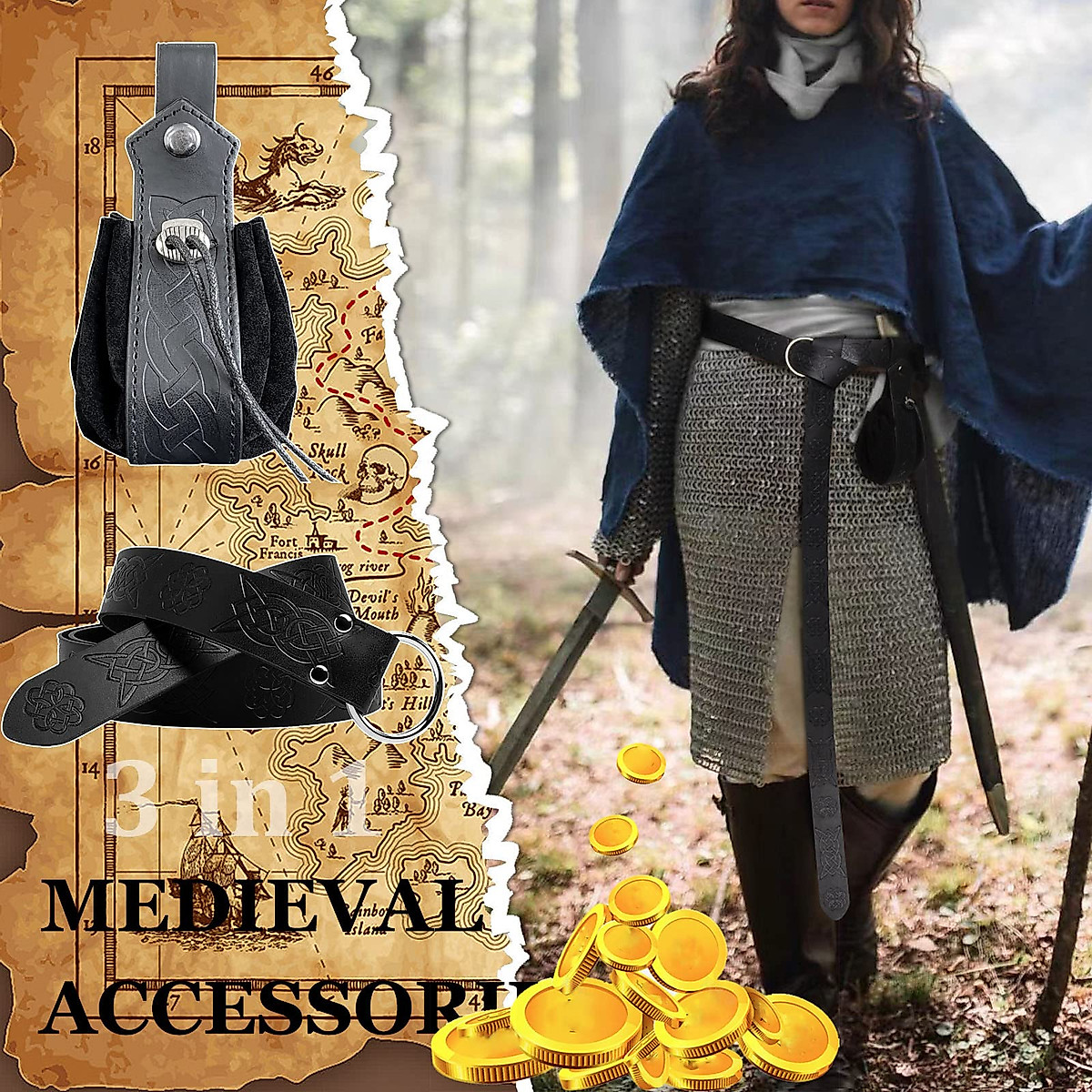 Belt Pouch Medieval Waist Bag Coin Purse Fanny Pack Viking Costume Set Halloween Festival Ren Faire Leather Pouch (1-Black)