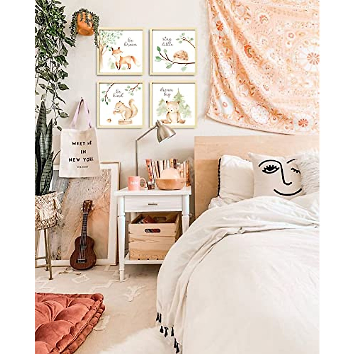 ArtbyHannah 4 Pack Framed Funny Woodland Baby Nursery Wall Art Decor with 10x10 Frames and Cute Safari Animals Prints for Kids Playroom Decoration, Light-Wood