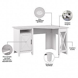 Bush Furniture Corner Computer Small Space, Office and Bedroom | Key West Collection L Desk with Storage and Aged Bronze Hardware, 54W, Pure White Oak