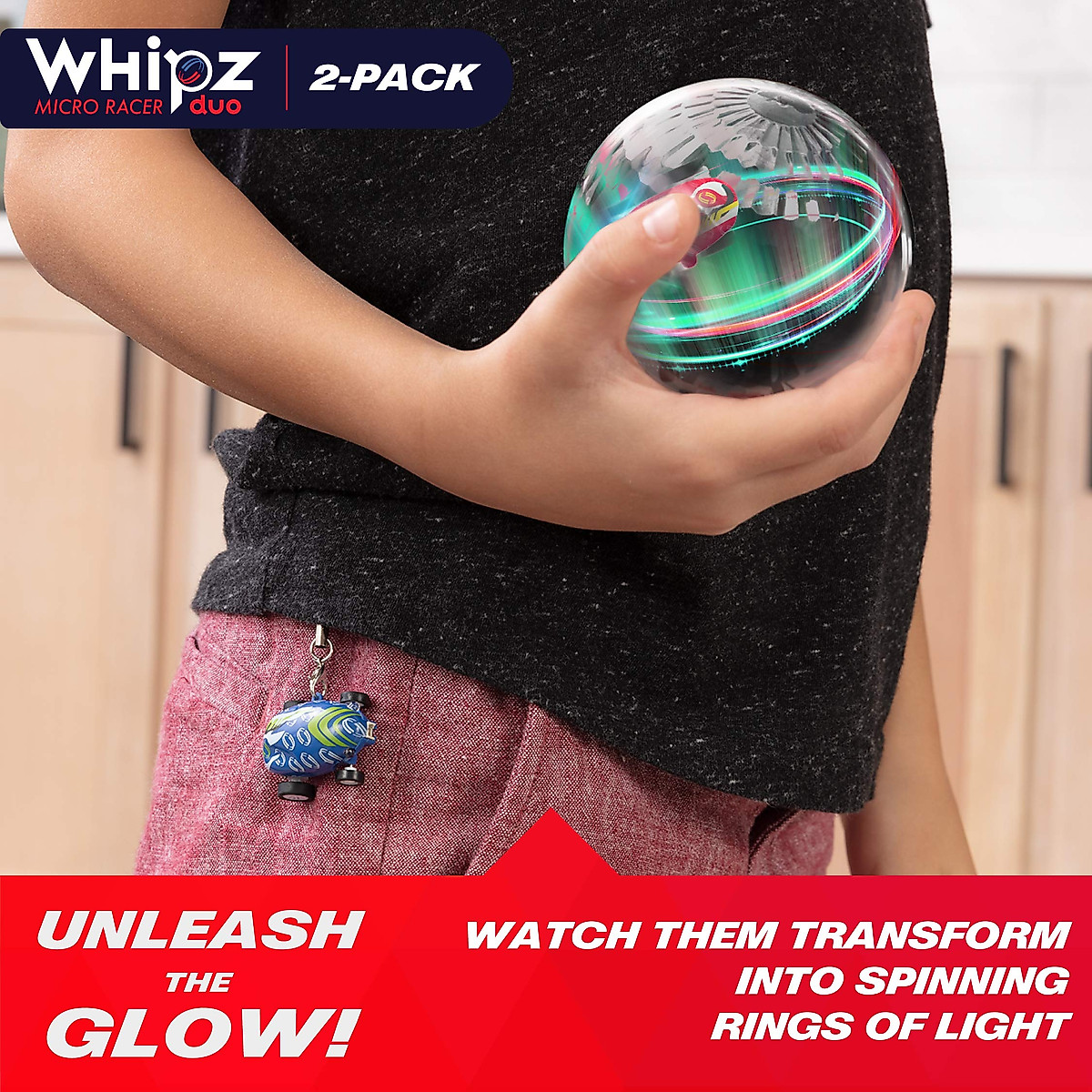 USA Toyz Whipz Duo Micro Racers Toy Cars for Kids - 2pk Mini Keychain Cars, Glow in The Dark LED Fast Pocket Racers Fidget Toys, 2 Mini Cars with 2 Racing Stunt Balls, 2 Clips, and 2 USB Chargers