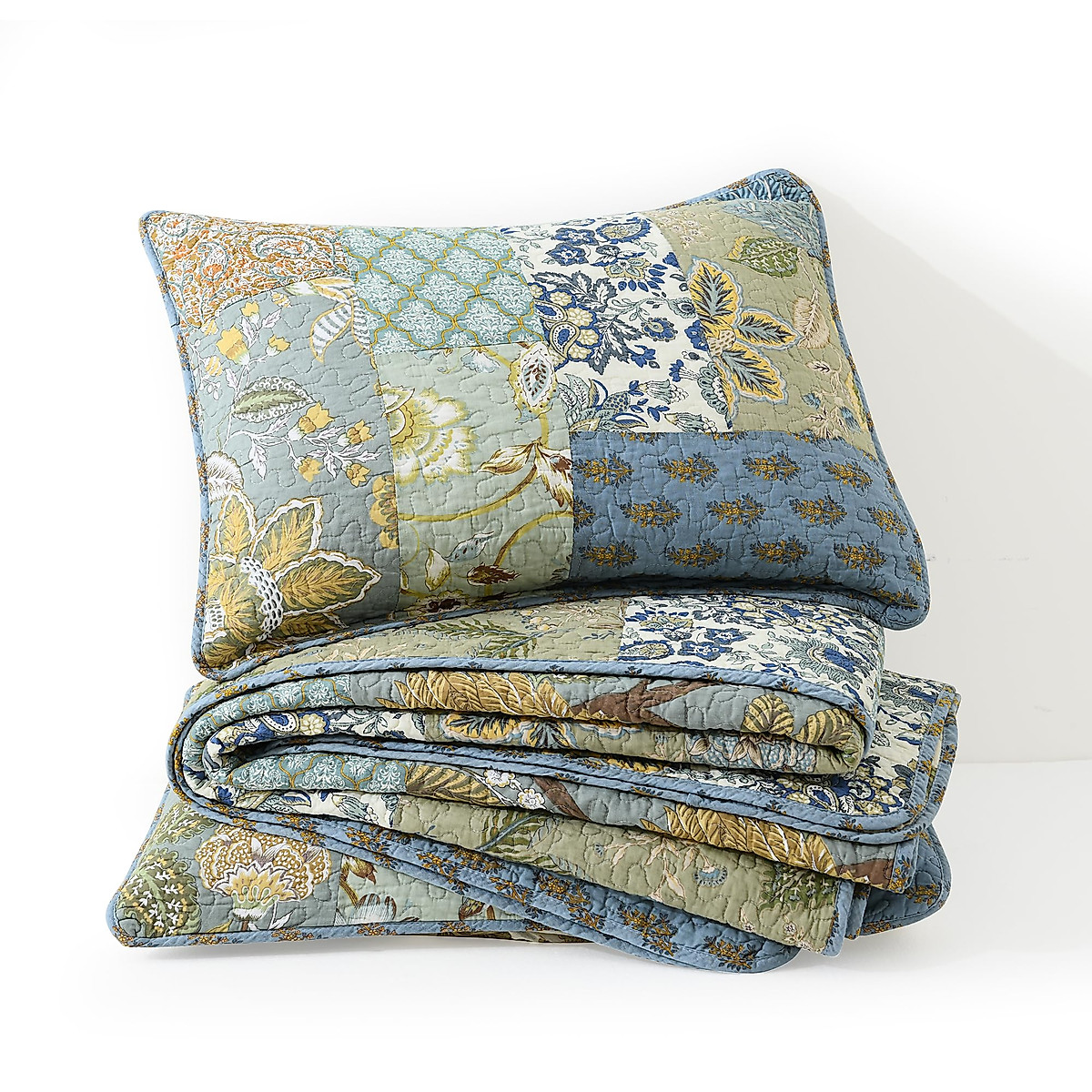 NEWLAKE Bohemian Floral Pattern Bedspread Quilt Set with Real Stitched Embroidery,Queen Size