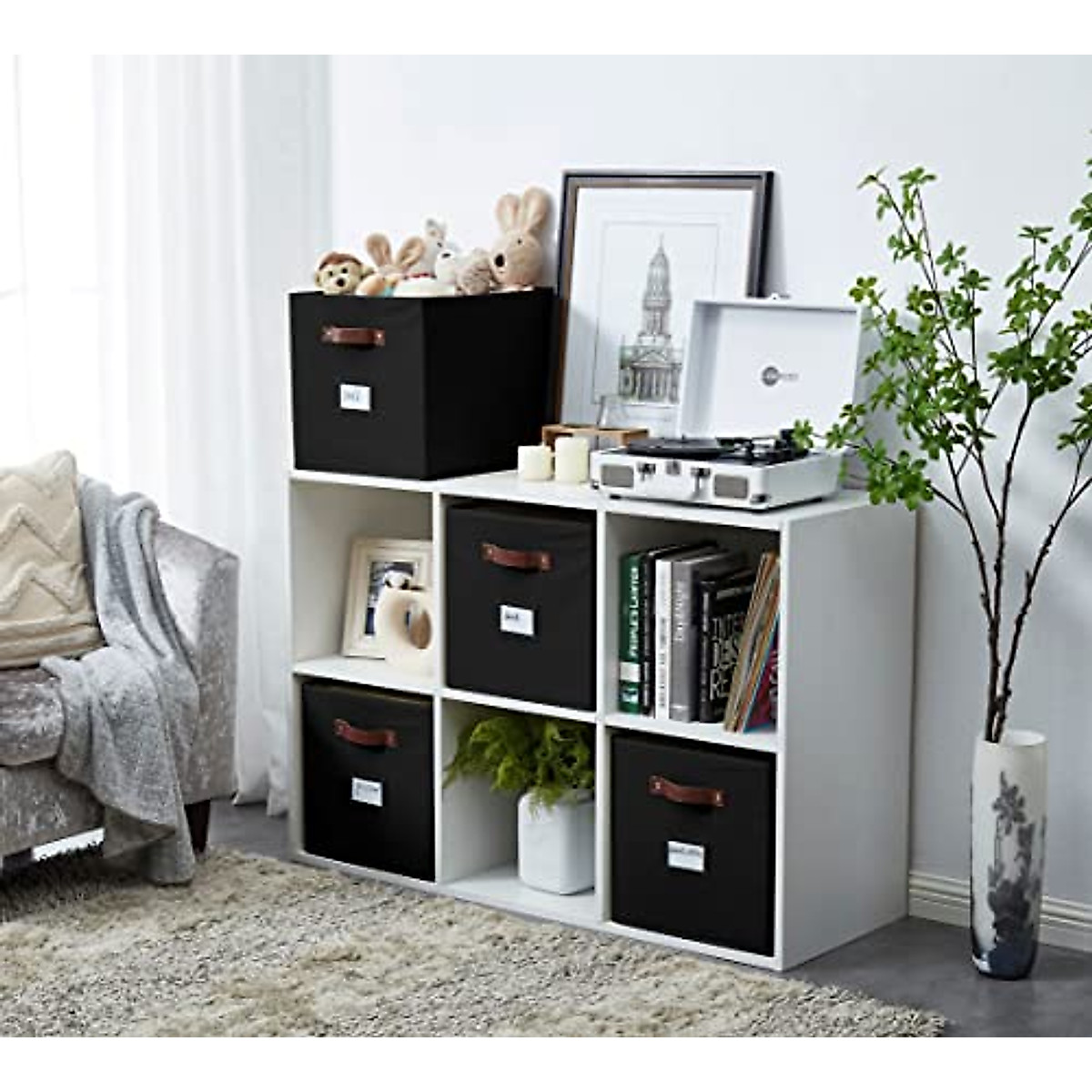 DECOMOMO Storage Baskets 13x15x13 Storage Cube Bins with Label Holders, Kallax Storage Cubes Baskets for Organizing Shelves Nursery Toy (Kallax / 4pcs, Black)