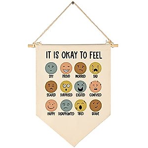 It is Okay to Feel-Mental Health-Canvas Hanging Pennant Flag Banner Wall Sign Decor Gift for Classroom Nursery Bedroom Playroom Game Room Front Door Baby Kids Girl Boy Girl-Birthday Christmas Gift