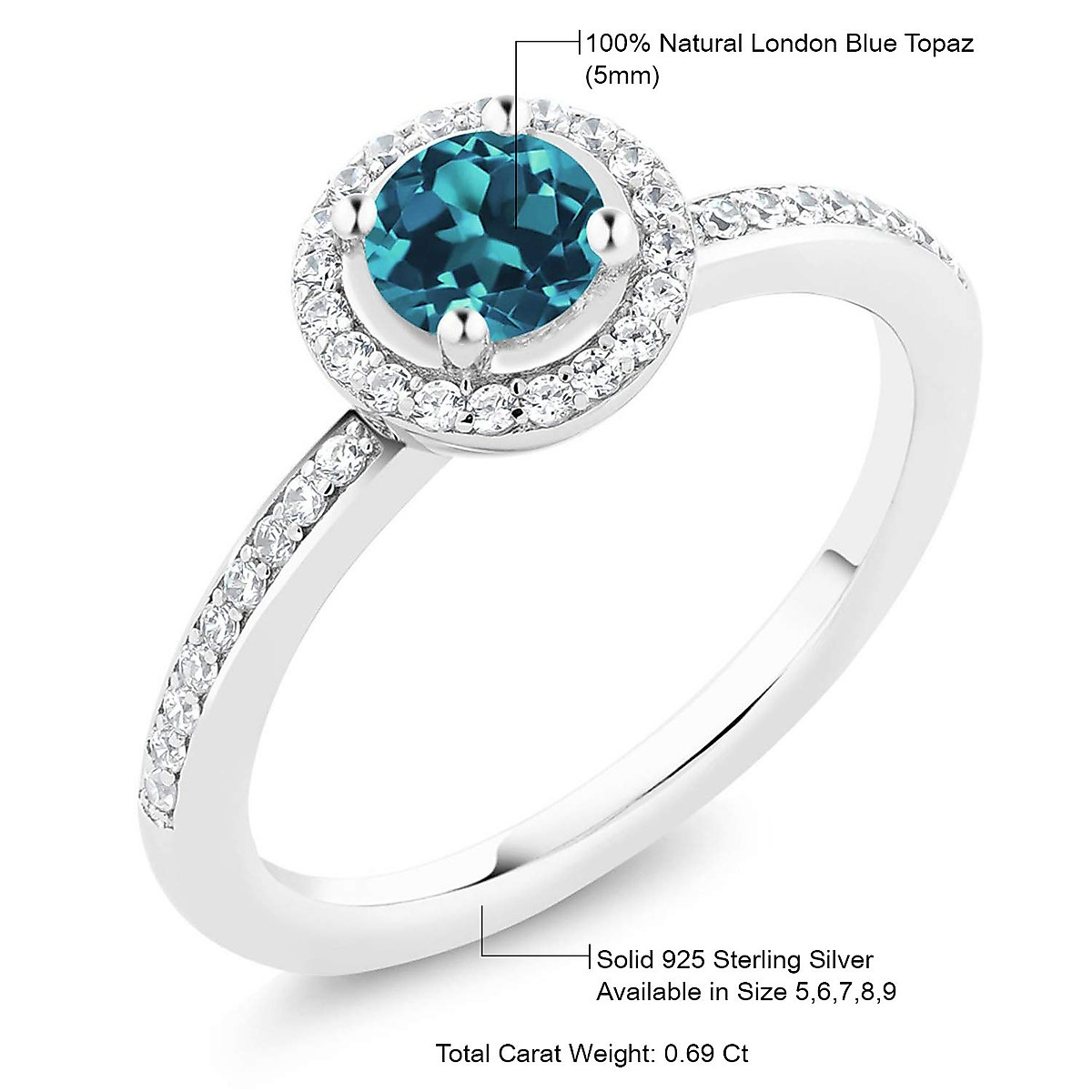 Gem Stone King 925 Sterling Silver London Blue Topaz Ring For Women (0.69 Cttw, Gemstone Birthstone, Available In Size 5,6,7,8,9)
