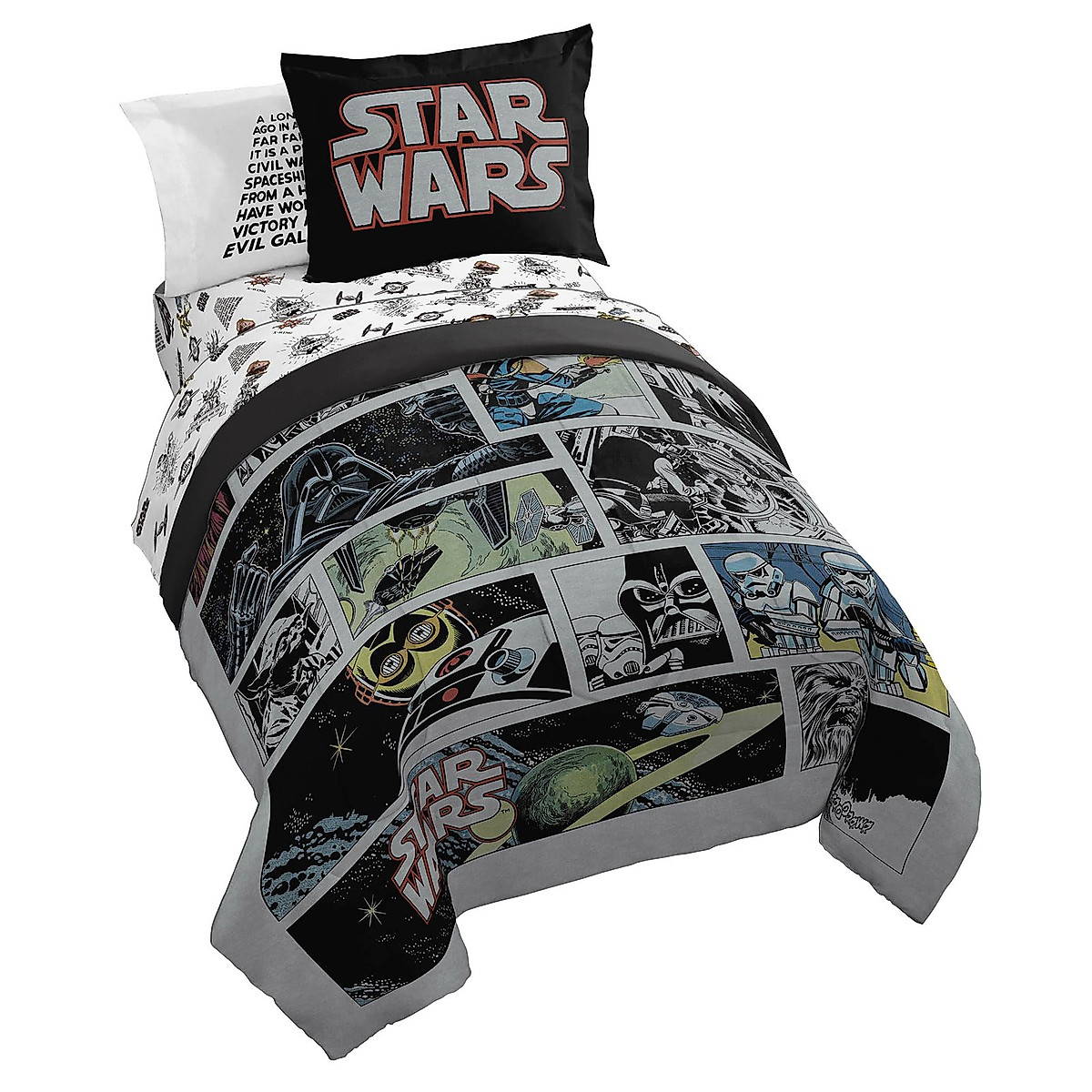 Star Wars Comic Book Twin Size Comforter Set - 5 Piece Bedding Includes Sheet Set & Pillow Covers - Super Soft Cozy Kids Bedding