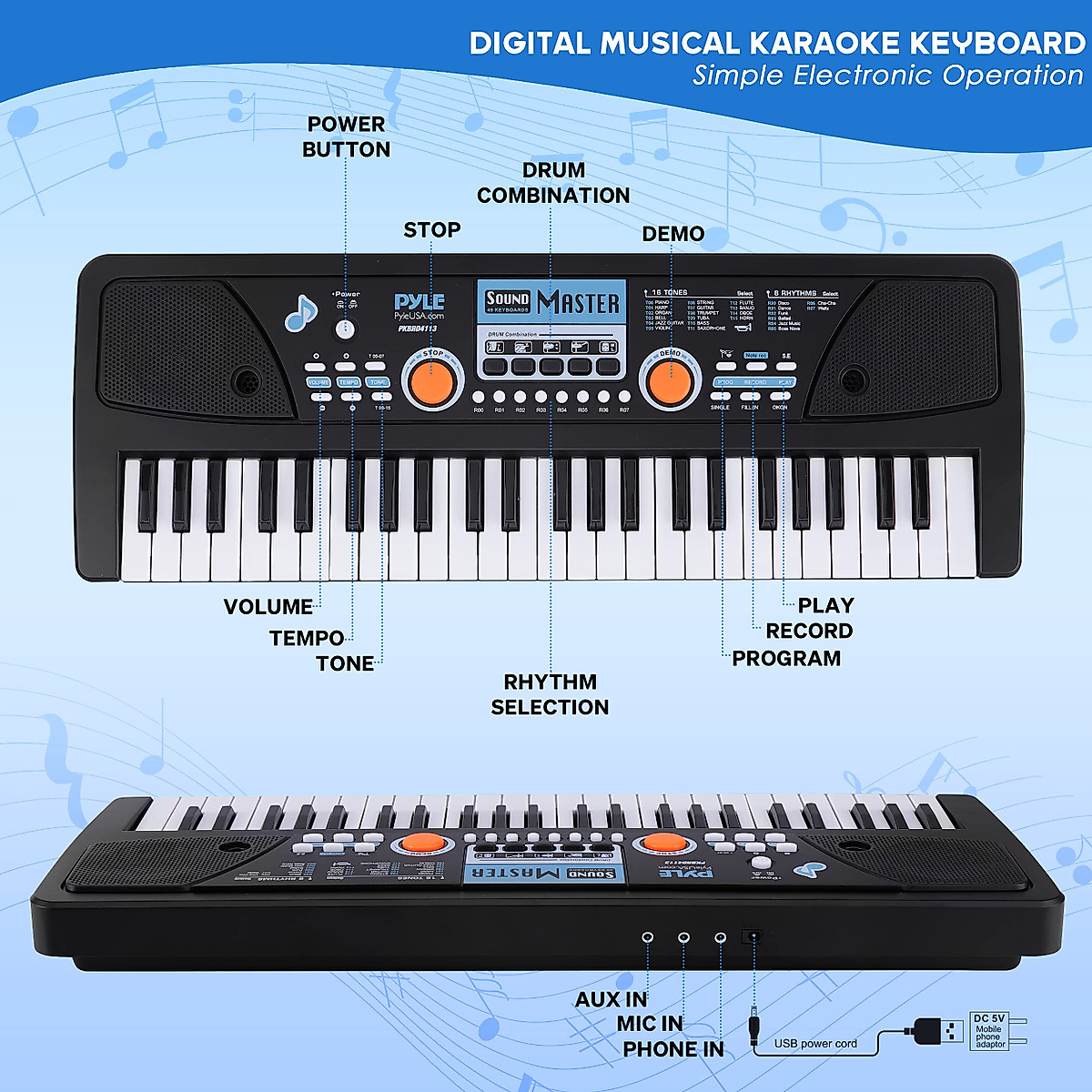 Pyle, Electric 49 Keys-Portable Digital Musical Karaoke Piano Keyboard-8 Rhythms 16 Tones, Stereo Speakers, Rechargeable Battery-Wired Microphone-Beginners Kids PKBRD4113 Black, Compact