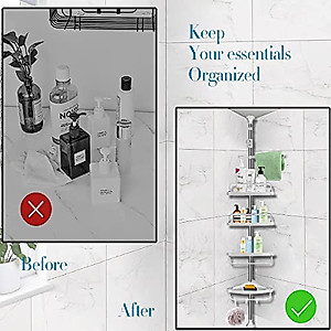 YorkHoMo Shower Caddy, Shower Caddy Tension Pole 4 Layer Adjustable Rustproof Stainless Steel Bathroom Shower Organizer Bathtub Storage Holder Rack Height 3.3 to10.1ft