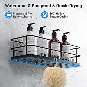 2 Packs Adhesive Shower Caddy with Hooks - No Drilling Rustproof Traceless Stainless Steel Wall Mounted Shower Storage Organizer Shelf Rack Holder for Bathroom Toilet Restroom Kitchen - Matte Black