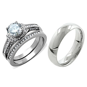 His Hers Couples Ring Set Womens Round CZ Stainless Steel Wedding Ring Set Mens Matching Band - Size W6M9