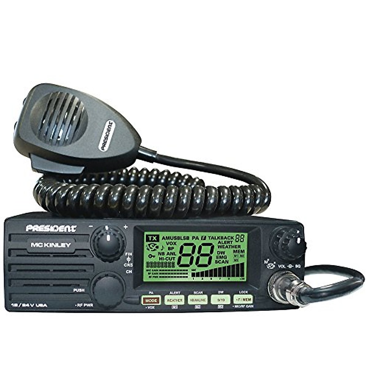 President Electronics MC Kinley USA Hm AM/SSB Tranceiver CB Radio, 40 Channels, 7 Weather Channels, Channel Rotary Switch, Volume Adjustment and ON/Off, Multi-Functions LCD Display, 12/24V