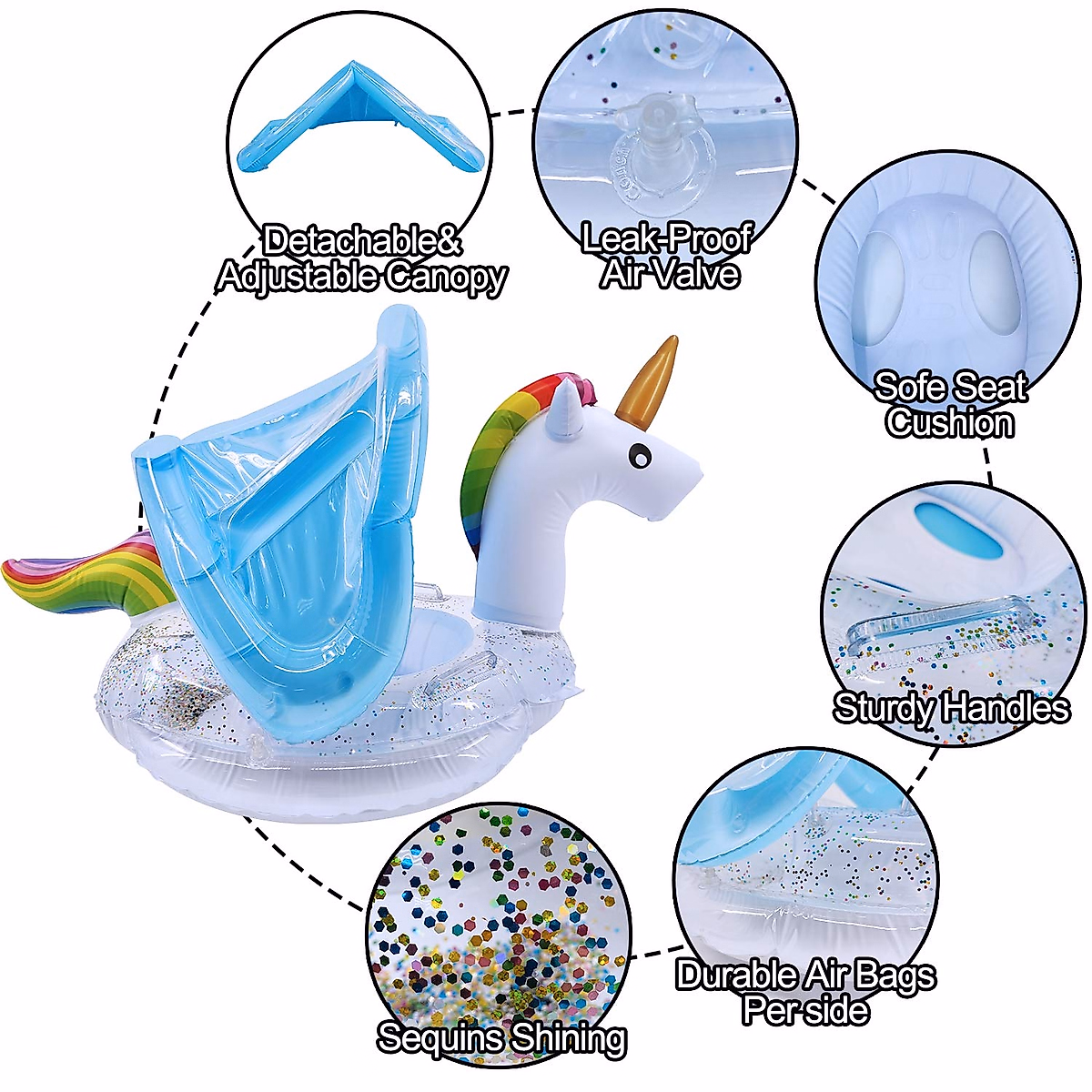 Unicorn Baby Swimming Pool Float with Canopy, Glitters, Seat & Safety Handle, 2024 Summer Baby Floats for Pool, Inflatable Baby floaties for 8-36 Months Toddler Boy Girl Summer Outdoor Party Favor