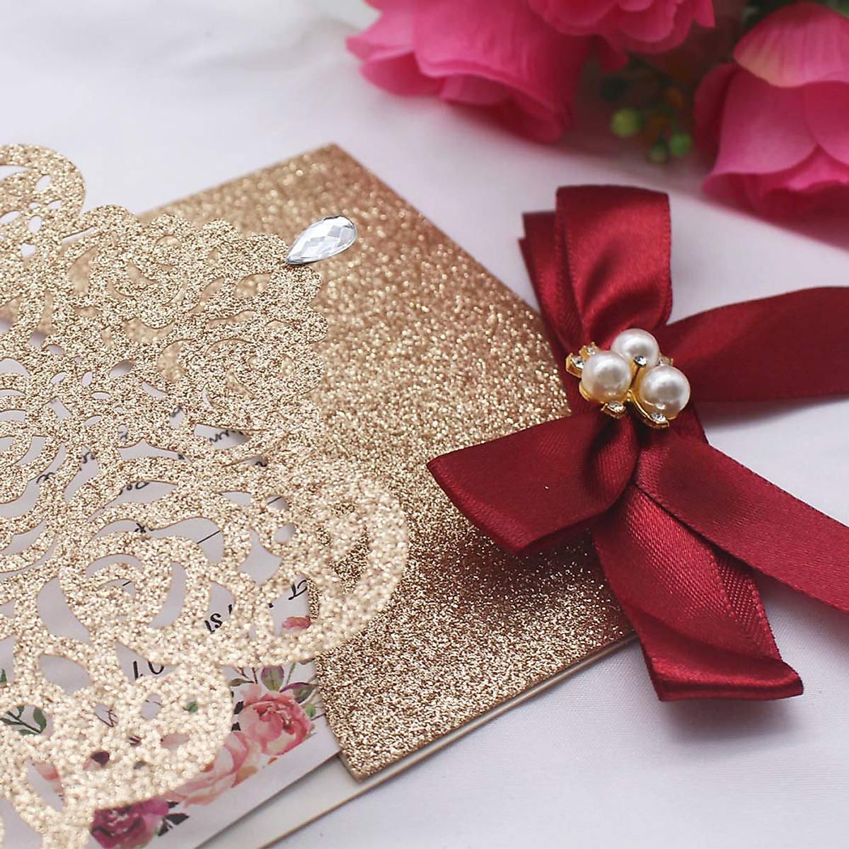AdasBridal 25Pcs Gold Glitter Laser Cut Invitations with RSVP Cards and Envelopes Luxury Diamond and Ribbon Design with 250GSM Pearl Paper Insert For Wedding Engagement Birthday Quinceanera Invite