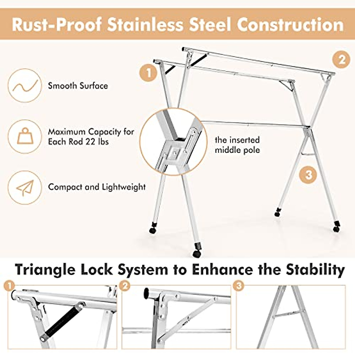 Tangkula Clothes Drying Rack with Wheels, Freestanding Stainless Steel Garment Rack for Laundry, Adjustable and Foldable, No Assembly Need, Space Saving Laundry Drying Rack for Indoor Outdoor