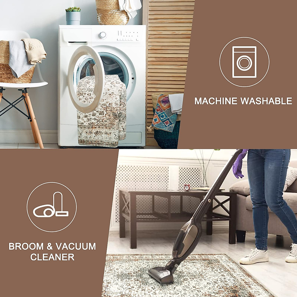 Moespace Washable Round Rug 4x4 ft, Boho Circle Area Rug for Bedroom, Low-Pile Entryway Carpet Print Distressed Accent Floral Circular Rug for Kitchen Foyer Laundry Room Office, Taupe