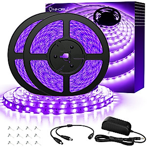 Onforu 32.8ft LED Black Light Strip Kit & Black Lights Bulb 2 Pack, 600 Units Lamp Beads, 12V Flexible Blacklight Fixtures, 10m LED Ribbon, A19 E26 Bulb, 385-400nm