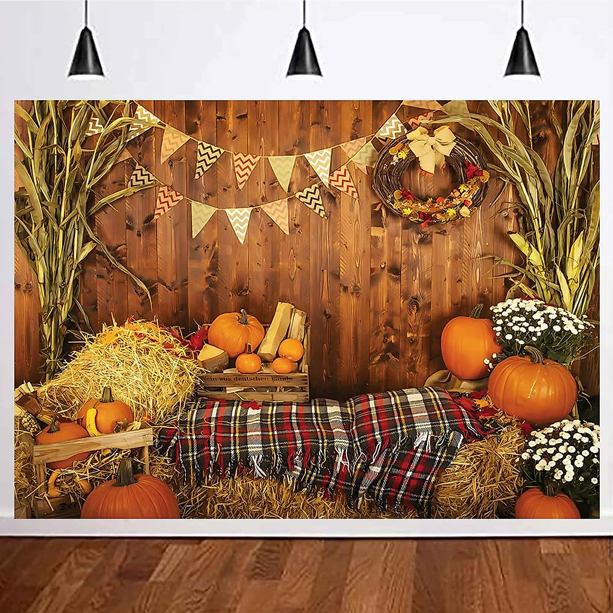 MAQTT 7x5FT Polyester Fall Thanksgiving Photo Backdrop Autumn Pumpkins Hay Maple Leaves Rustic Wooden Floor Barn Harvest Background Baby Birthday Wedding Holiday Party Banner Photography