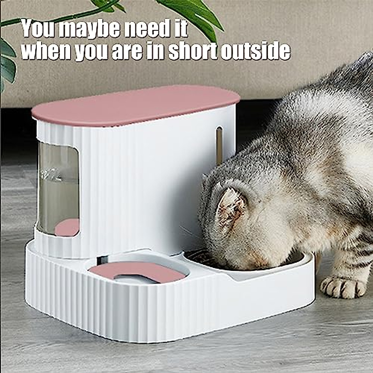 Junbec-Pet Automatic Cat Food Water Dispenser Gravity Pet Self Feeder Dry Food Bowl and Watering Supplies Dispenser for Indoor Small Medium Dog Puppy Kitten 2 in 1 (Pink)