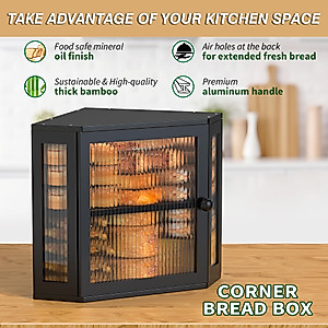 Corner Bread Box Extra Large Bamboo Wood Bread Box for Kitchen Countertop - Double Bread Container with Adjustable Height - Modern Black Easy To Assemble