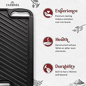 Cuisinel Cast Iron Griddle/Grill + Scraper/Cleaner - Reversible Pre-Seasoned 16.75" X 9.5"-inch Dual Handle Flat Skillet and Griller Pan - Works Indoor/Outdoor, Stove Burner, Gas, Fire