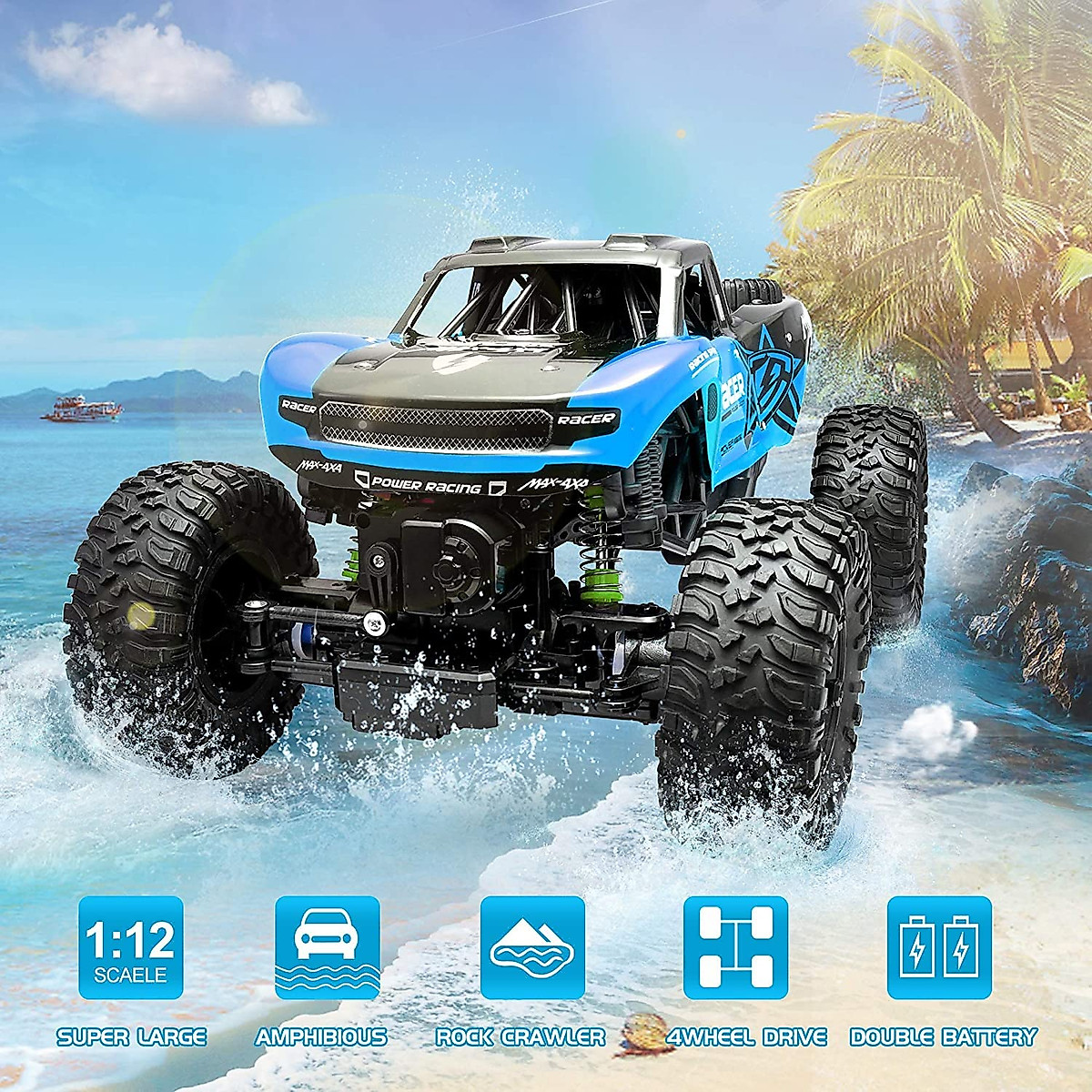 RC Cars 1:12 Remote Control Car, 2.4GHz Waterproof Racing Car Off-Road RC Crawler Toy Gift with Two Rechargeable Batteries