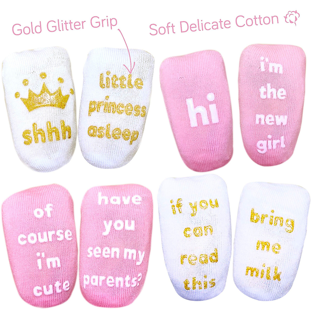 Baby Girl Socks Gift Set - Unique Baby Shower or Newborn Gift For Her - 4 Pairs of Cute Quotes in Gift Box