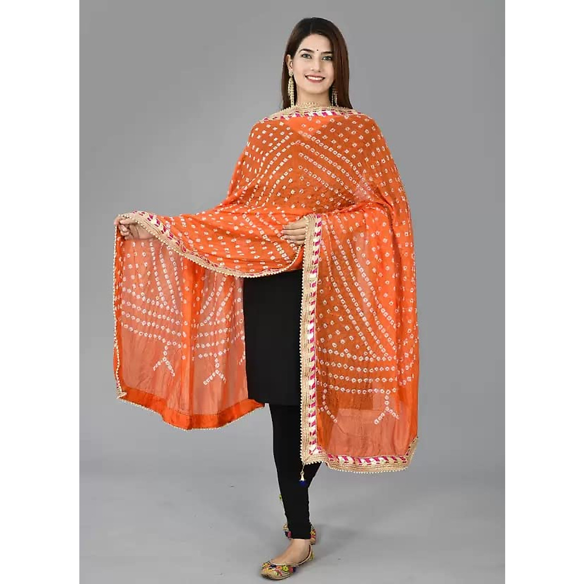 SAHIBA Handicraft India Women's Tafeta Silk Dupatta Bandhani Bandhej Jaipuri Rajasthani Dupatta (Orange), 2.25 Meters ( 88 x 42 Inches)