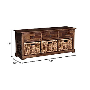 SEI Furniture Jayton Natural Water Hyacinth Storage Bench 3 Woven Baskets w/Antique Brown Finish, Coastal Style