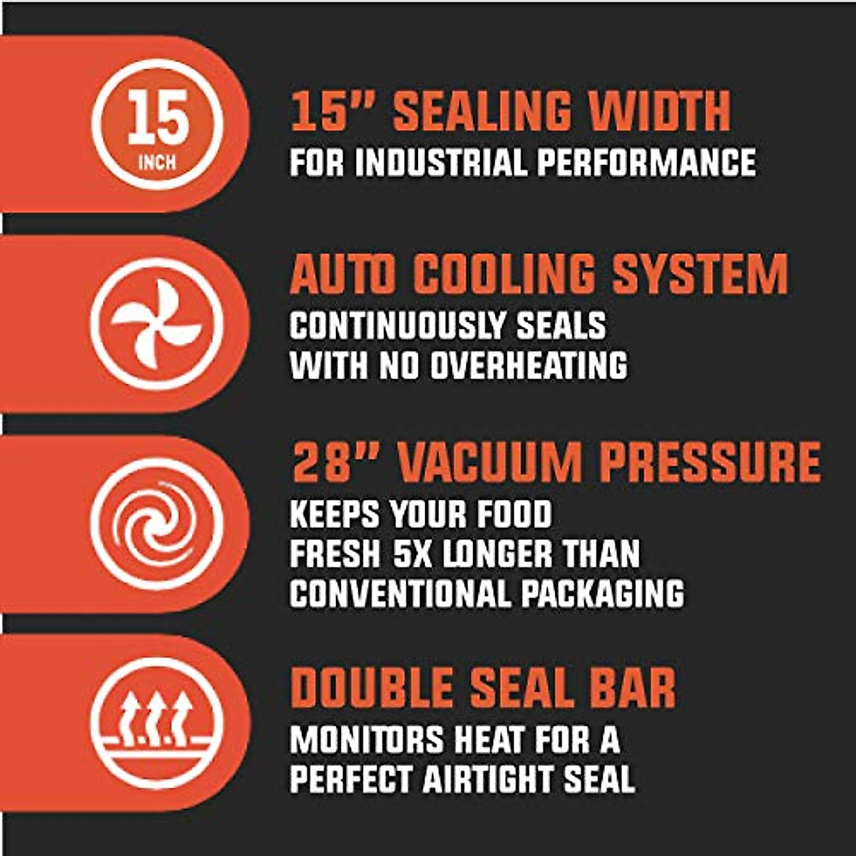 PrimalTek 15" Commercial Grade Vacuum Sealer - User Friendly for Food Savers, 28” Vacuum Pressure – Features an Auto Cooling System, Smart Heat Technology, and Vacuum Bag Positioning Guides