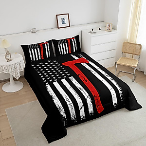 Boys Firefighter Twin Size Comforter Set,Kids American Flag Decor All Season Bedding Set,Teens Fireman Comforter,Children Red Black White Decor Quilt Set Bedroom Collection 2Pcs