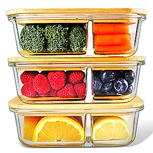 Urban Green Glass Container with Wood Lid, Glass food storage Container with Lids, Glass Meal Prep Containers Set, Glass Containers set (Natural-Bamboo- 3p)