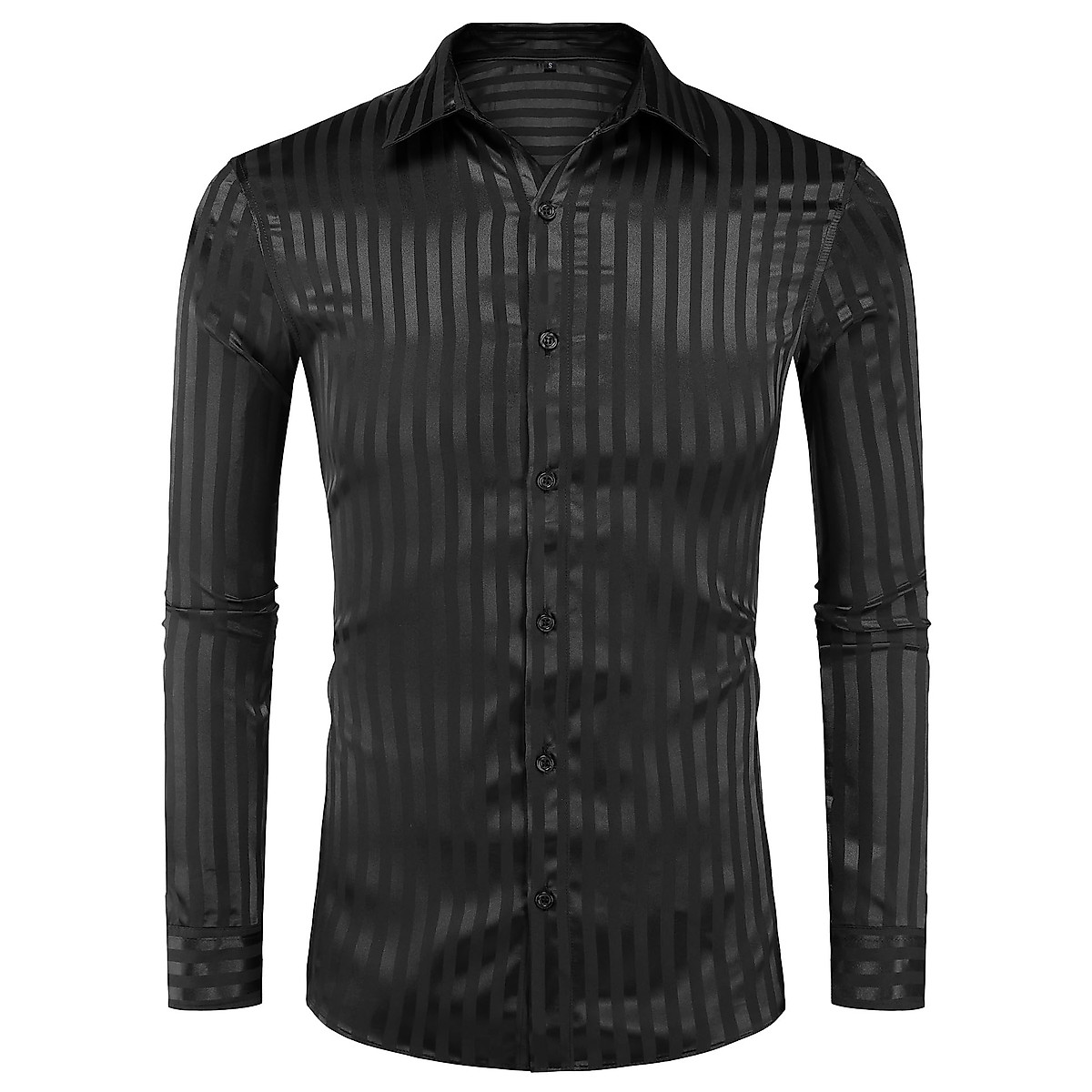 URRU Men's Black Dress Shirt Luxury Dress Shirts Casual Luxury Shiny Silk Long Sleeve Striped Button Down Wedding Shirt Party Prom Shirt Black L