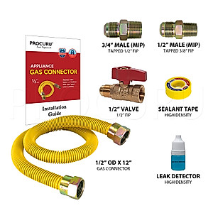 PROCURU 1/2" OD x 12" Gas Flex Connector Kit with 1/2" Straight Valve for Dryer, Water Heater, Grill- Weatherproof Flexible Stainless Steel with Yellow SafeGuard Coating (Red Series)